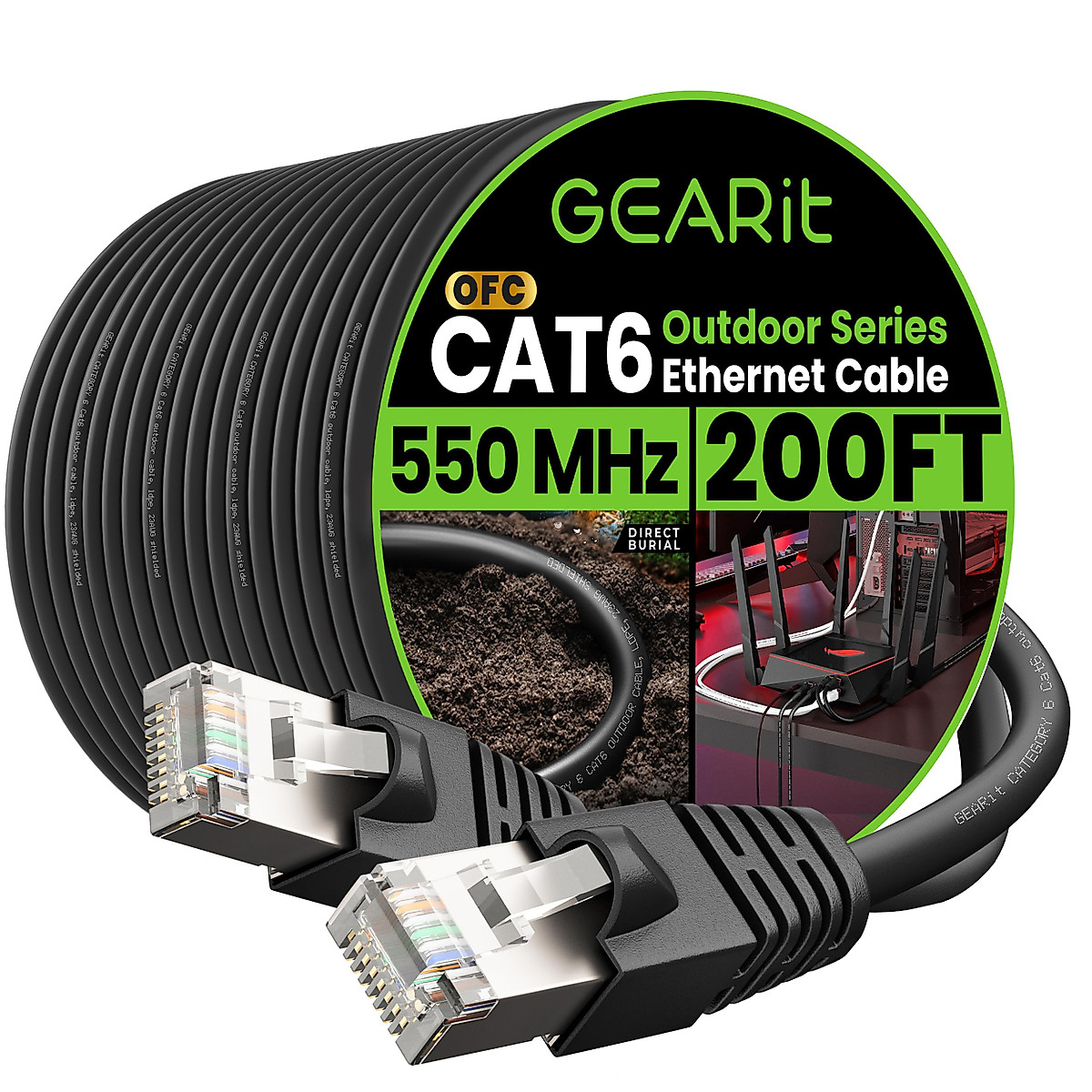 GearIT Cat6 Outdoor Ethernet Cable (200ft) 23AWG Pure Copper, FTP, LLDPE, Waterproof, Direct Burial, In-Ground, UV Resistant, POE, Network, LAN, Internet, Cat 6, Cat6 Cable - 200 Feet