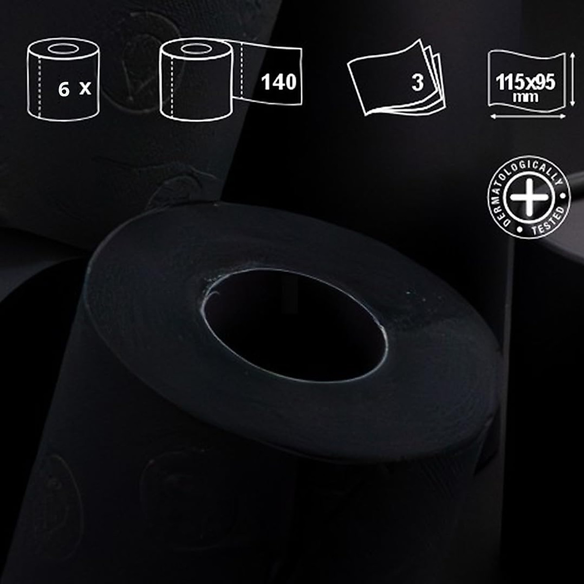 Renova Black Toilet Paper 3-Ply -Ideal for Decorating Your Home or Office - Pack of 6 Compact Rolls- 140 Sheets - Eco-label Certified - Dermatologically Tested - Septic Safe - Sustainable & Soft