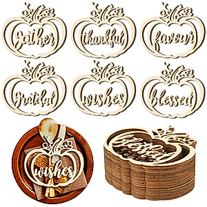 Qunclay 12 Pcs Thanksgiving Plate Decor Pumpkin Wood Cutouts Fall Thankful Blessed Thanksgiving Table Decor Fall Word Plate Sign Place Cards Settings for Autumn Rustic Letter Decorations