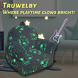 Glow in The Dark Kids Toddler Bean Bag Chair Excavator Truck Car Printed Toddler Chair Children's Plush Chair Mini Sofa Armrest Sofa for Boys and Girls