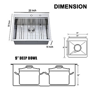 UFaucet 25×22 Drop in Kitchen Sink, 25 Inch Top Mount Stainless Steel Kitchen Sink, Modern Commercial Workstation Single Bowl Laundry Utility RV Sink with Accessories