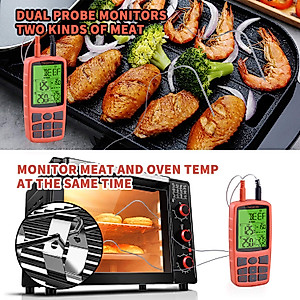 [Upgraded] Regetek Cooking Food Meat Grill Thermometer Clock Timer Alarm for Smoker Oven Kitchen BBQ Dual Probe Digital LCD Backlight Thermometer