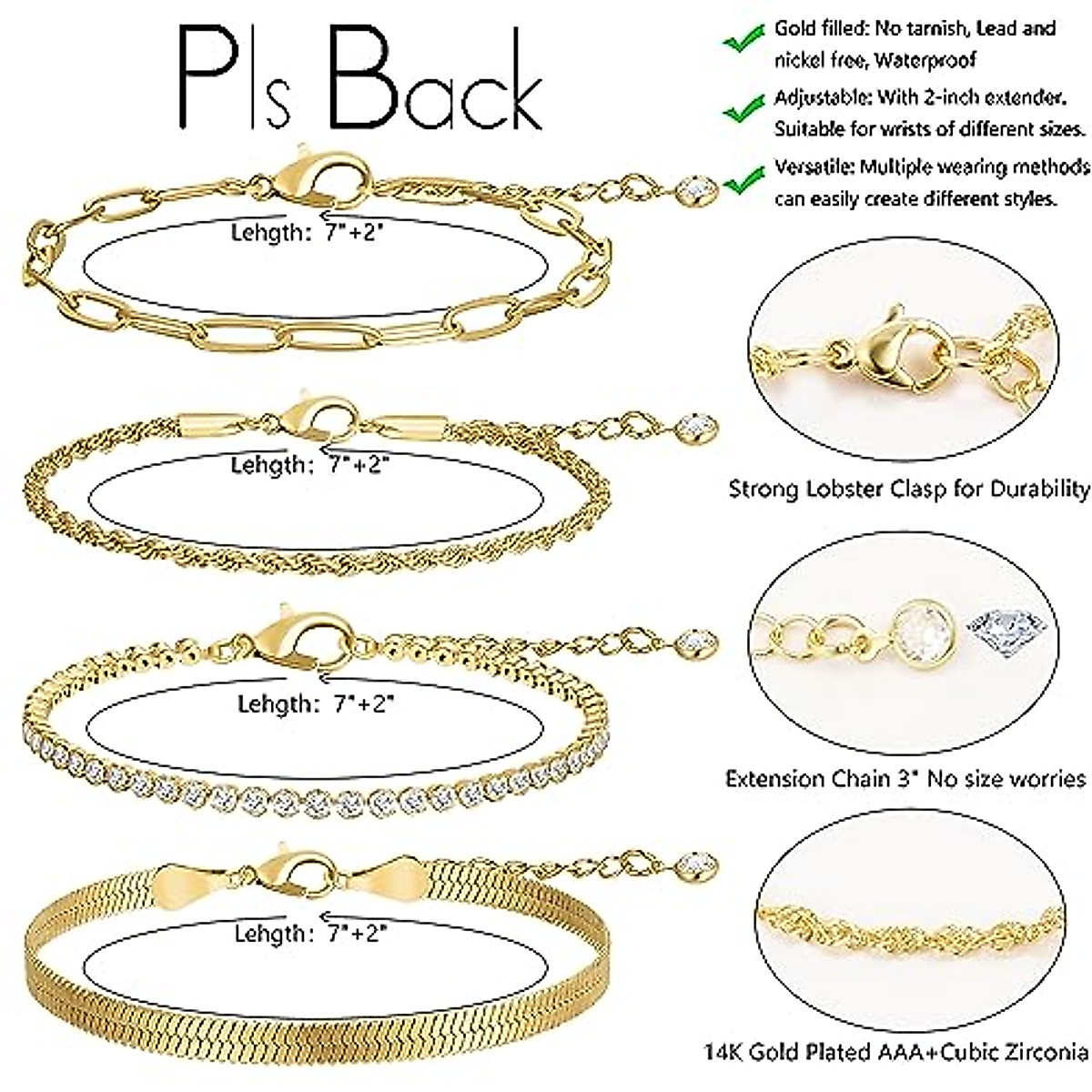 Gold Link Bracelets Sets for Women Girls, 14K Gold Plated Dainty Classic Adjustable Paperclip Layered Bracelets, Fashion Simple Chain Tennis Bracelet with Zirconia, Jewelry Gifts.
