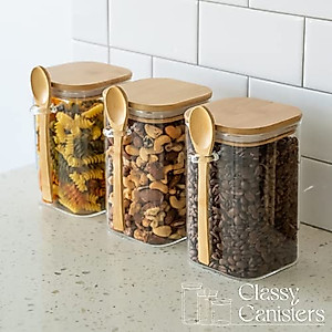 Set of 3 Square Glass Food Storage Containers With Bamboo Lids & Spoons – Decorative Airtight 40 Ounce Borosilicate Glass Food Storage Jars for Coffee, Tea, Sugar, Flour, Candy, Bath Salts & More