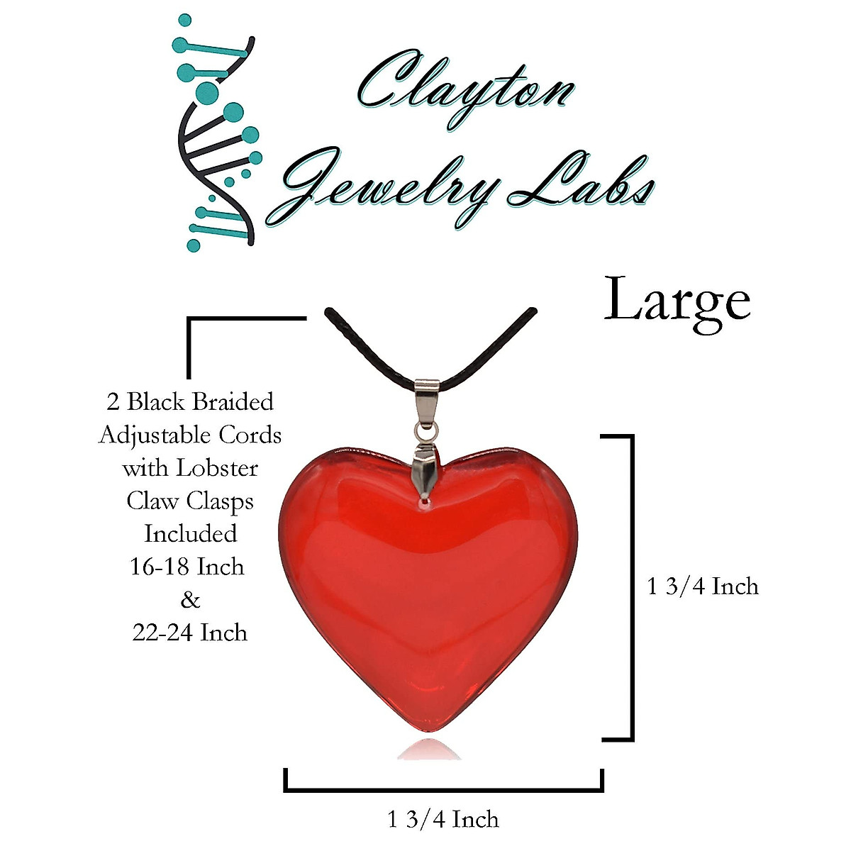 Clayton Jewelry Labs Large Red Semi-Transparent Solid Glass Heart Pendant Necklace (Large Red)