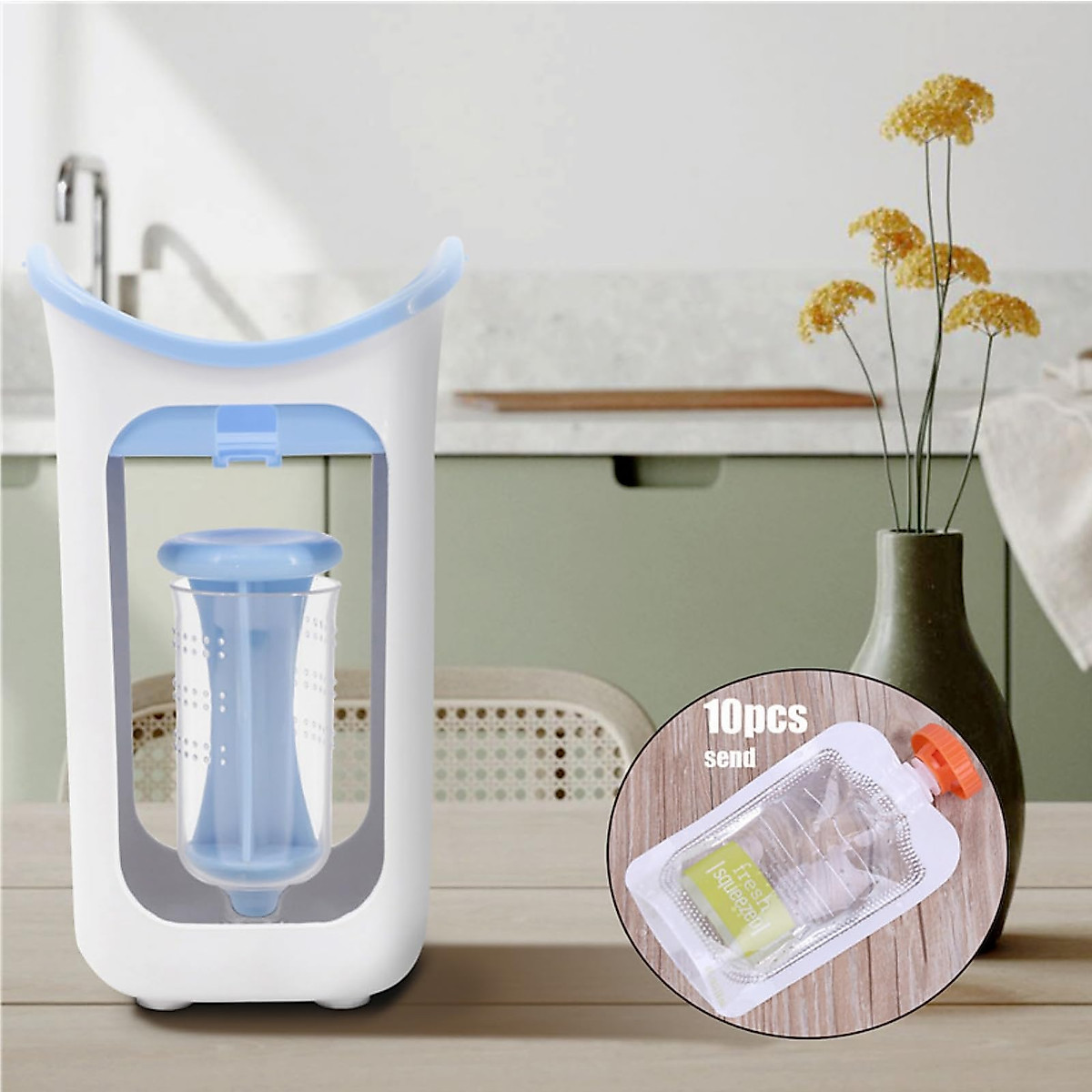 Fruit Puree Squeezer with 10 Squeeze Pouches DIY Squeeze Station for food(blue)