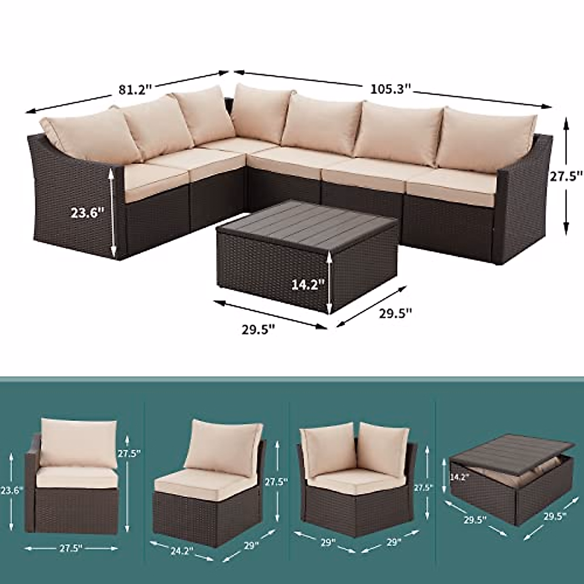 HOMREST 7 Piece Patio Furniture Sets, Outdoor Sectional Set with Adjustable Bracket, PE Rattan Patio Conversation Set, Sofa Set with Storage Coffee Table, for Garden, Lawn, Balcony