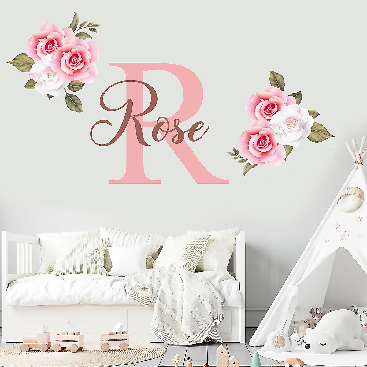 Name and Initial Roses Wall Decal - Kids Wall Decor - Custom Name Removable Nursery Wall Decal for Girl - Flower Mural Wall Decal for Girls Bedroom - Flowers Name Sticker Decor