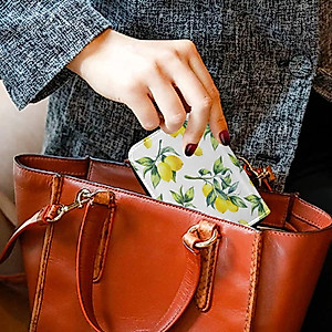 Yellow Lemon With Green Leaves Seamless On White Grey Credit Card Coin wallet, RFID Blocking Compact Women Leather Card Holder, Key Change Organizer, Zipper Purse Clutch Pouch Pocket
