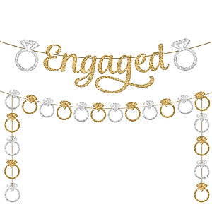 KatchOn, Pre-Strung Gold and Silver Glitter Engaged Banner - 2 String, 10 Feet, No DIY | Engagement Party Decorations | Engagement Banner for Bachelorette Party Decorations, Engagement Decorations