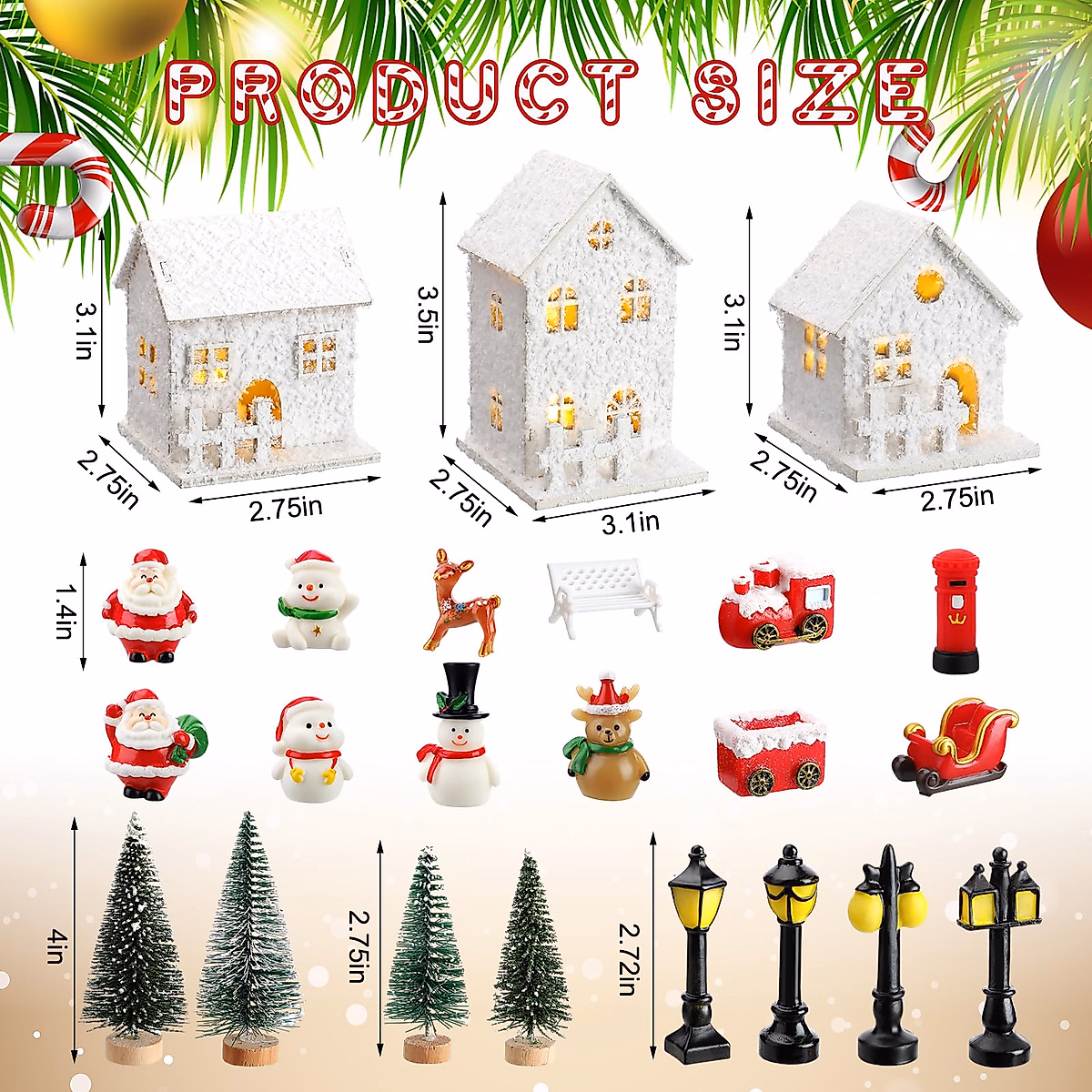 Maitys 26 Pcs Christmas Village Sets Houses LED Lighted Accessories Town Scene Christmas Figurines Battery Operated for Desktop Holiday Miniature Decorations