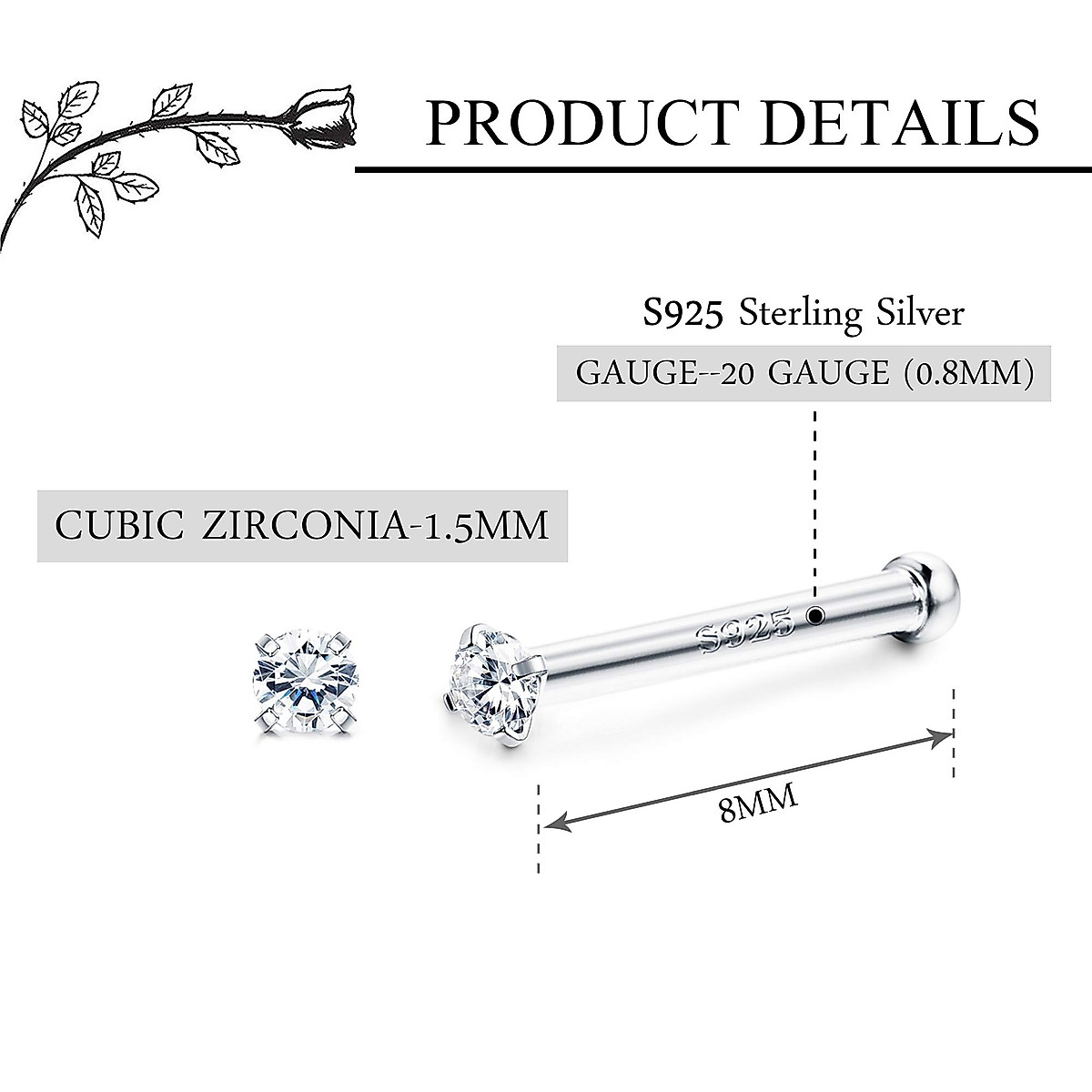 Sllaiss 4Pcs Sterling Silver Nose Rings Studs for Women Men Inlaid 1.5mm 2mm Austrian CZ Silver 20G Cartilage Piercing 925 Nose Piercing (1.5)