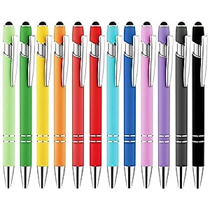 habibee Ballpoint Pen with Stylus Tip 12 Pack, 1.0 mm Black Ink Metal Pen, 2 in 1 Stylus Pen, Stylus Ballpoint Pen for Touch Screens (Mixed Color)