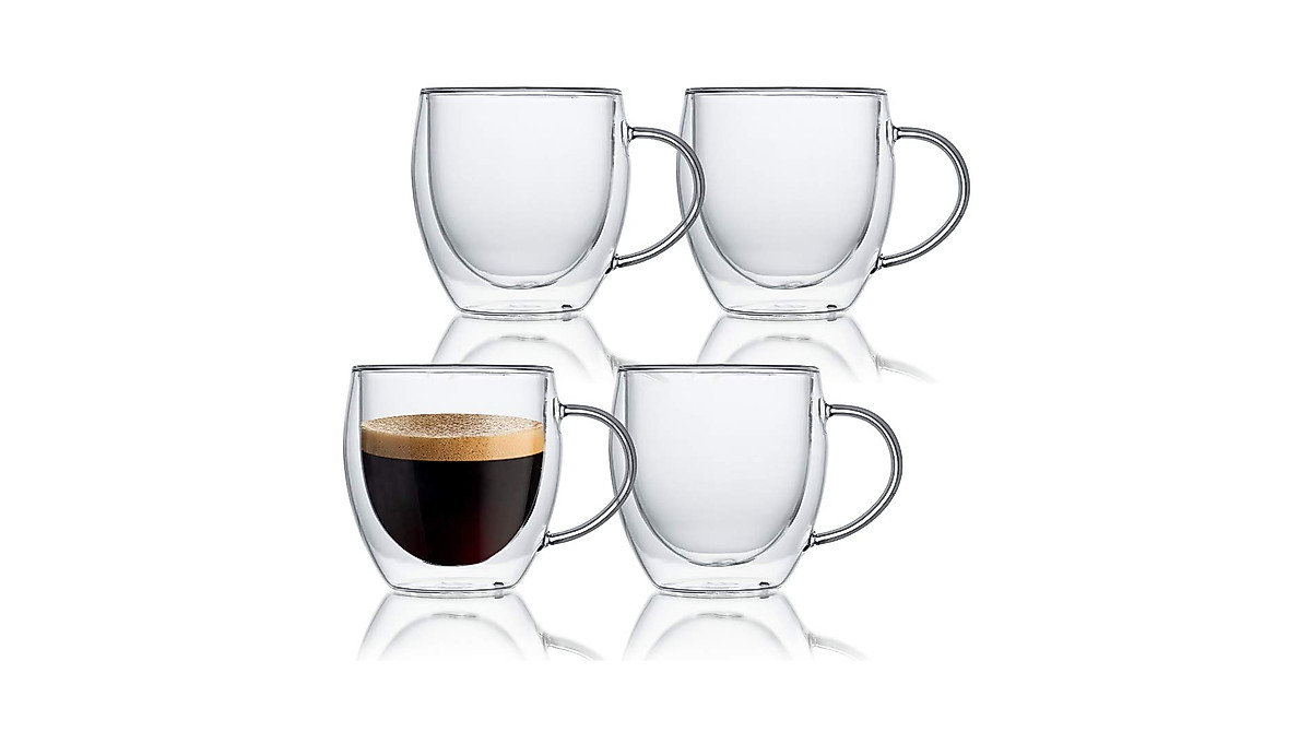 KitchenTour 8 oz Insulated Glass Coffee Mugs Set of 4