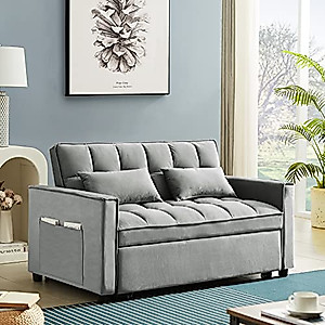 FULife Bed Convertible Sofa Pull-Out Sleeper, Loveseat Futon Sofá Chair w/Adjustable Reclining Backrests,Side Pockets&2 Pillows,Velvet Small Love Seat Lounge Couch, Grey-b