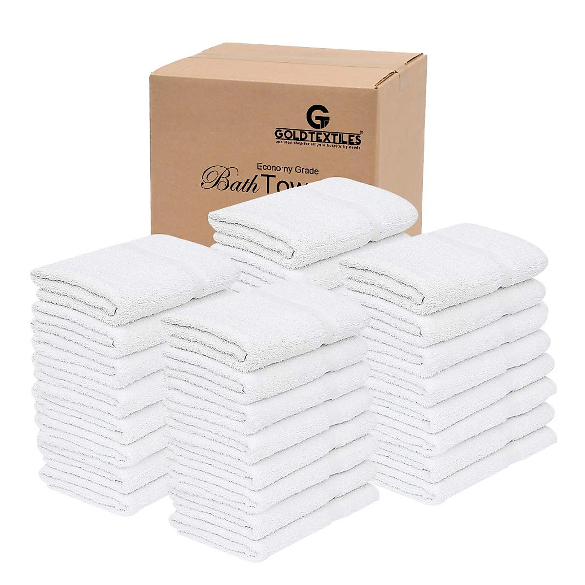 GOLD TEXTILES 60 White Economy Bath Towels Bulk (24x48 Inch) Cotton Blend for Softness-Commercial Grade Easy Care