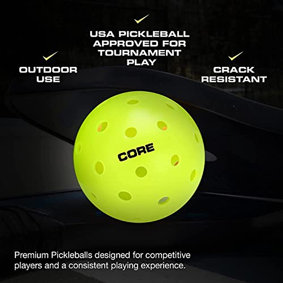 CORE Pickleball Balls for Professionals and All Levels of Play, USA Pickleball Approved Durable Indoor and Outdoor Pickleball Balls with 40 Holes (3 Balls)