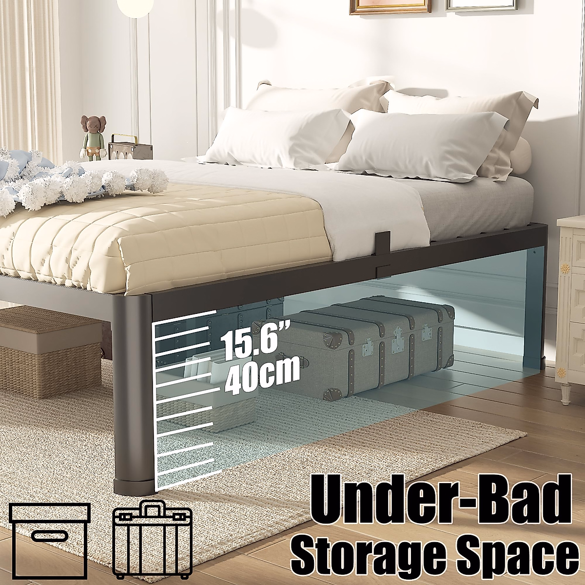 Firpeesy 18 Inch Full Size Bed Frame Metal with Sturdy Steel Round Corner Leg, 3500 lbs Heavy Duty Metal Full Platform Bed with Steel Slats Support，Black Full Bedframe，No Box Spring Needed