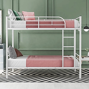 Bunk Bed,Twin Over Twin Metal Bunk Bed,Metal Bunk Bed Twin with 2 Ladder and Safety Rail,Space Saving,for Kids Boys Girls Teens Adults(White)