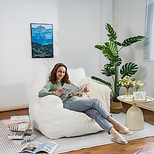 Recaceik Giant Beanbag Chair, Huge Fluffy Faux Fur Bean Bag Lazy Sofa with Filler, Ultra Soft Bean Bag Chair for Adults, Comfy Cozy Beanbag Chair with Memory Foam for Living Room, Dorm(White)