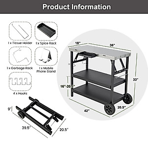 ERGOMASTER Grill Cart Table, Outdoor Kitchen Island, Food Prep Table with Adjustable Shelf, Stainless Steel Table Top, Cooking Table for Outside BBQ