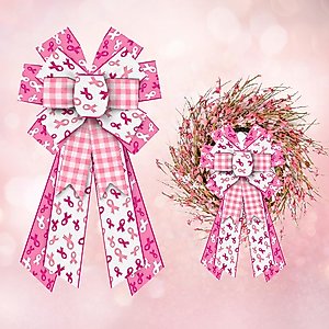 Hying Large Breast Cancer Awareness Bows for Wreath, Pink Plaid Pink Ribbon Wreath Bow for Front Door, Breast Cancer Wreath Bows for Party Decor Indoor Wall Fight Cancer Decoration Supplies Ornament