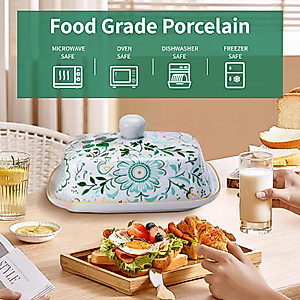 Butter Dish With Lid For Countertop-Ceramic Butter Dish with Knob Handle-Large Storage Keeper Holder for Kitchen, Gifts for Her-Grilled flower craft butter Holder-Wide Butter tray for dishwasher use