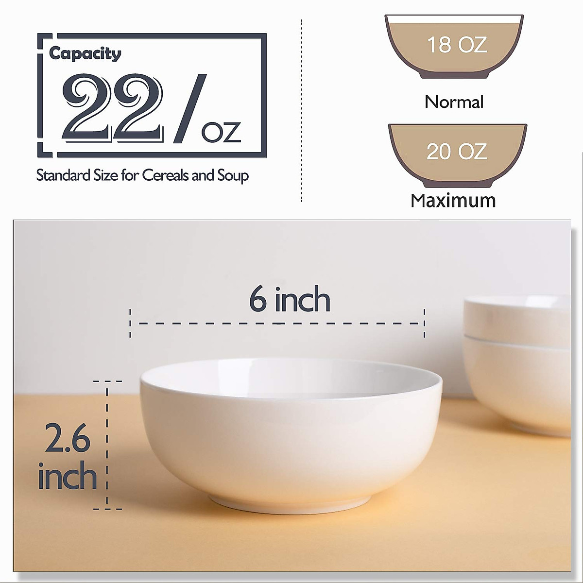 DELLING 22 Oz Ceramic Soup Bowls Set, 6.6" White Porcelain Mixing Bowls, Large Serving Bowls for Kitchen, Cereal, Snack, Rice, Pasta, Salad, Oatmeal, Set of 3, Microwave and Dishwasher Oven Safe