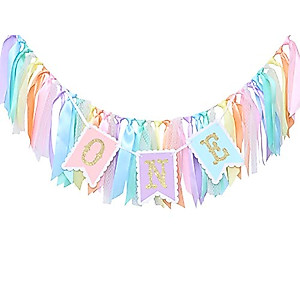Rainbow High Chair Banner for 1st Birthday - Baby Girl Rainbow Smash Cake for Photo Props, First Birthday Photo Background, Macarons Color Ribbon (Rainbow High Chair Banner)