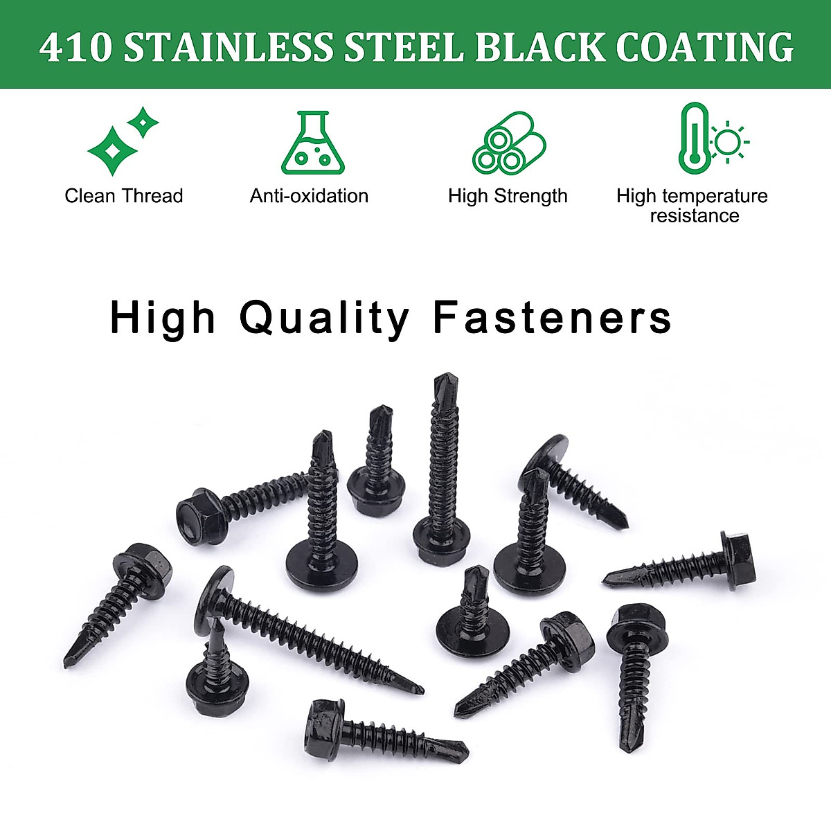 FOLIV 385PCS #8 Self Drilling TEK Screw Assortment Kit, 410 Stainless Steel Black Self Tapping Tcrews, Hex Washer Head & Modified Truss Head Black Screws, Length 1/2" to 1-1/4"