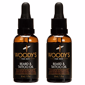 Woody's Beard & Tattoo Oil, 2 in 1 for Healthy Beard & Vibrant Tattoos, with Moringa, Macadamia, & Argan Oils, 1 Fl Oz (2 Pack)