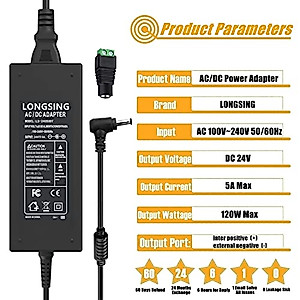 24V Power Supply Adapter, LONGSING 24V 5A AC DC Adapter, AC 100-240V to DC 24V, 5.5X 2.5mm DC Plug, Input 100V-240V, Output 24V 5A 120W, with DC Female Connector