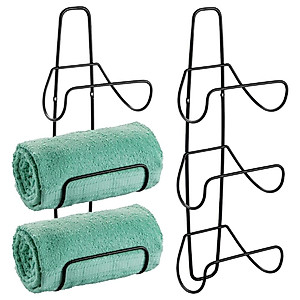 mDesign Metal Wall Mount 3 Level Bathroom Towel Rack Holder & Organizer - for Storage of Washcloths, Hand Towels - Use in Guest, Master, Kid's Bathrooms - 2 Pack - Black