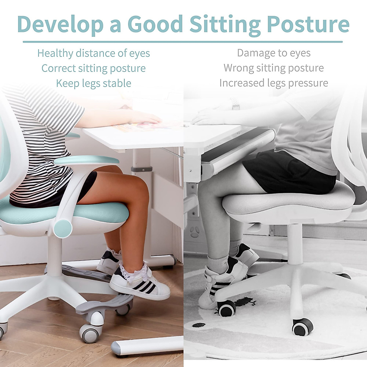 HOMEFUN Kids Desk Chair, Computer Chairs with Armrest and Footrest for Boys Girls Cute Mesh Ergonomic Chair with Adjustable Height Swivel Safe Sit-Locking Casters