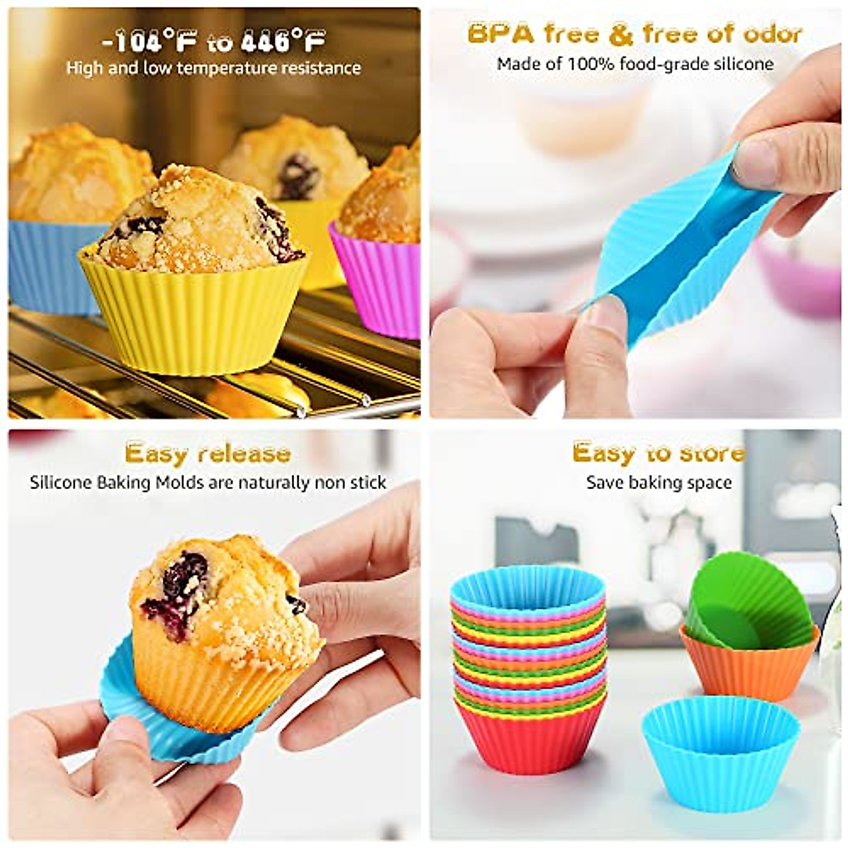 Lingtoolator upcake Liners, Set of 36 Muffin Baking Cups, Nonstick Silicone Muffin Liners, Reusable No Stick Silicone Cupcake Molds, 2.75” Silicone Cupcake Baking Cups, mini Multicolored
