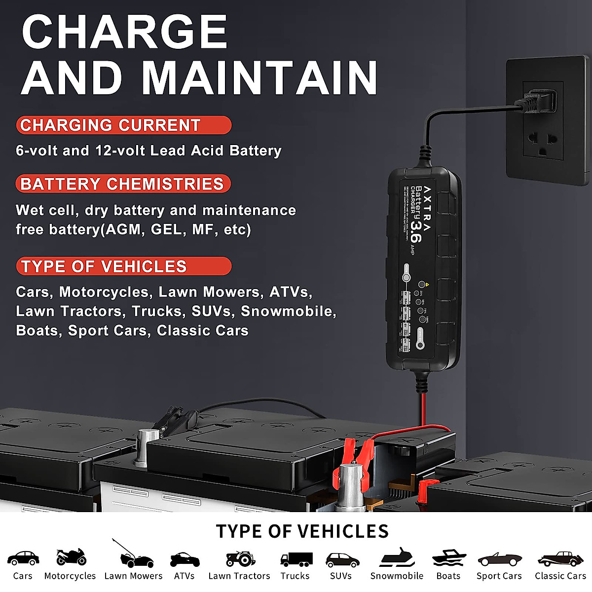 AXTRA 6V and 12V Car Battery Charger, 3.6-Amp Fully-Automatic Smart Battery Maintainer for Car, SUV, Truck, Motorcycle, Boat, RV, Lawn Tractors, ATV - (Lead Acid, AGM, Sealed, GEL, SLA, Flooded)