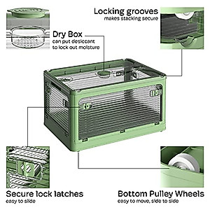 WYZworks Foldable Storage Box Tote w/Wheels Moving Friendly Transparent 5 Door 20L Stackable for Clothing, Shoe Closet, Snack Pantry, Garage, Dorm Quick Collapsible Organizing Toy Bin With Lid Green