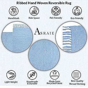 Asraie Boho Eco Friendly Hand Woven & Reversible Cotton Ribbed Rag Rug 100% Recycled Cotton Area Rug for Living Room Kitchen Entryway 2x3' (Sky Blue)