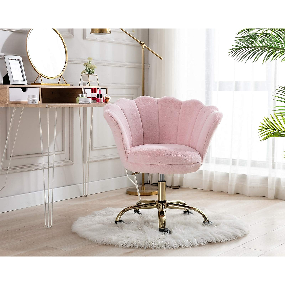 Pink Desk Chair Fluffy Task Vanity Chair Home Office Chair Adjustable Rolling Swivel Chair with Wheels for Teens Adults Bedroom Study Room, Faux Fur