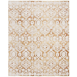 SAFAVIEH Palermo Collection Area Rug - 9' x 12', Gold & Beige, Oriental Vintage Distressed Viscose Design, Ideal for High Traffic Areas in Living Room, Bedroom (PLM846G)