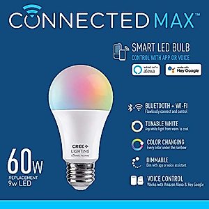 Cree Lighting Connected Max Smart Led Bulb A19 60W Tunable White + Color Changing, 2.4 Ghz, Works With Alexa And Google Home, No Hub Required, Bluetooth + Wifi, 1Pk