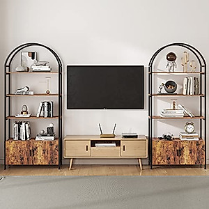 Jehiatek Arched Bookshelf, Bookcase with Doors Storage, 71 Inches Tall Industrial Book Shelf with Sturdy Metal Frame, E1 Quality Boards, Freestanding Display Shelving Unit, Black and Rustic