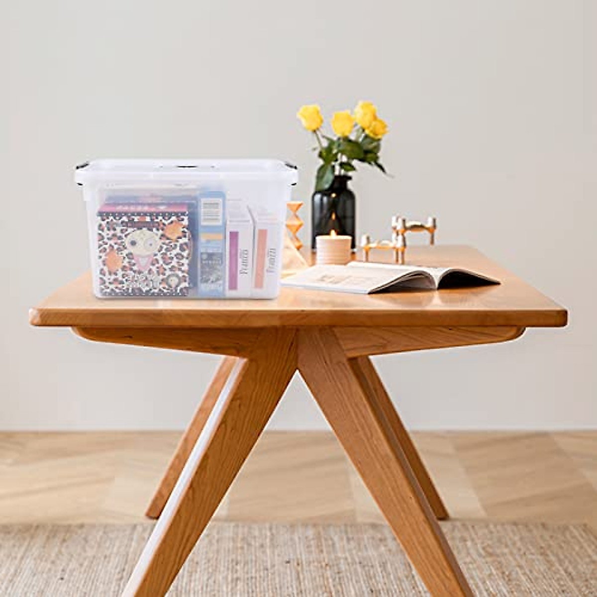 Yesdate 4 Pack 10.5 Quart Plactic Storage Latch Bin, Lidded Box with Black Handle, Clear