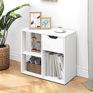 Giantex 3 Cube Bookcase with Drawer White, 21" Wooden Floor Standing Storage Organizer w/Open Storage Cabinet, Freestanding Display Shelf for Bedroom Living Room Kid’s Playroom Reading Nook (1)