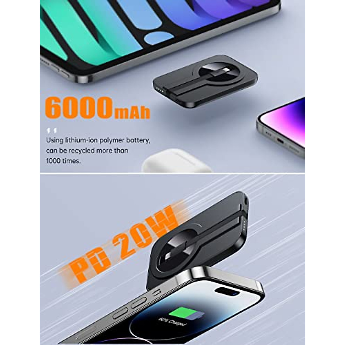 EMNT Mini Magnetic Portable Charger for iPhone,6000mAh Clutch Power Bank with Built-in Cable/Metal Stand, Battery Pack Compatible with iPhone 14/14 Plus/Pro Max/13/12/11/XS/XR/X/8/7/6/6s/5 and More.