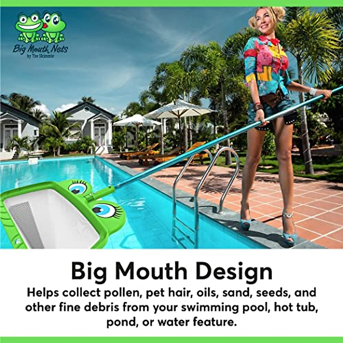 Effortlessly Clean Your Pool with The Skimmie Ms. Frog Large Leaf Rake - 20" Wide Big Mouth Pool Skimmer Net for Above Ground and In Ground Pools, Spa Hot Tubs, and Ponds