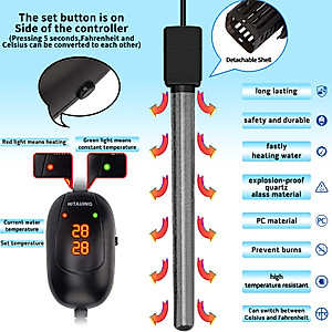 HiTauing Aquarium Heater, 50W/100W/200W/300W/500W Submersible Fish Tank Heater with Over-Temperature Protection and Automatic Power-Off When Leaving Water for Saltwater and Freshwater