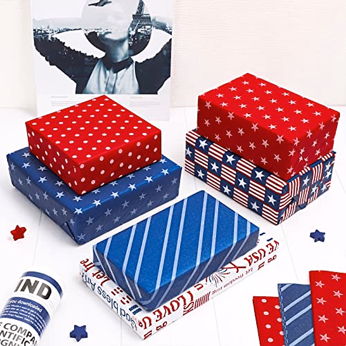 Whaline Patriotic Tissue Paper Folded Flat Blue Red Stars Stripe Tissue Paper 4th of July Wrapping Paper Holiday Art Tissue for Independence Day DIY Gift Packing Party Favor, 14 x 20 Inch, 90 Sheet