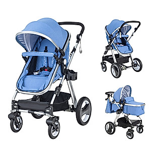 HONEY JOY Baby Stroller for Newborn, 2 in 1 High Landscape Infant Stroller & Convertible Bassinet Pram, Adjustable Backrest & Canopy, Cup Holder, Storage Basket, Foldable Pushchair w/Foot Cover (Blue)