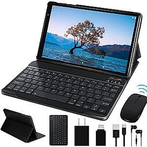 FACETEL 10 inch Tablet Android Tablet with Keyboard 2 in 1 Tablet 4GB RAM 64GB ROM TF 128 GB, 8000mAh, FHD, Dual Camera, WiFi Bluetooth Tablet with Mouse, Grey